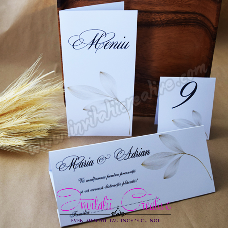 Meniu Nunta Elegant cu Frunze Voal si Detalii Aurii
