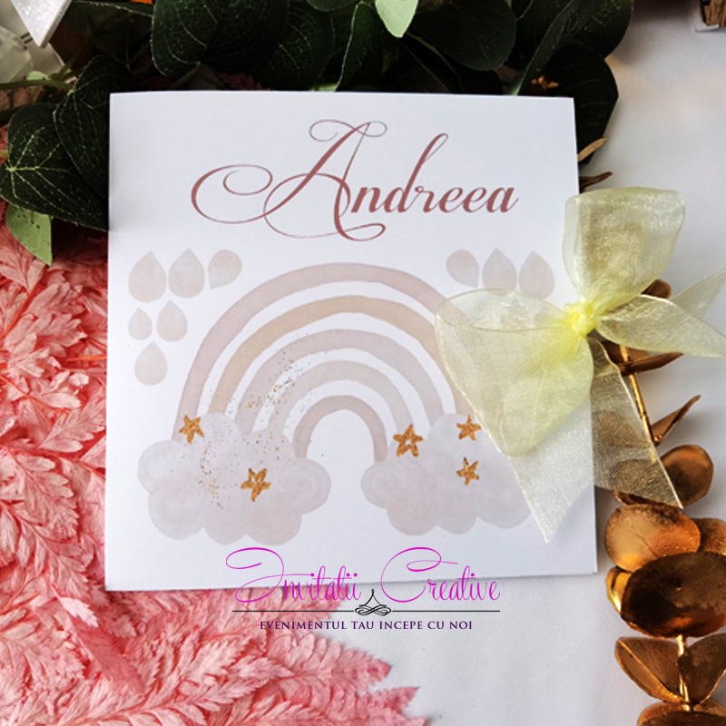 Invitatie Botez Digitala Curcubeu Roz Pastel cu Stelute Aurii