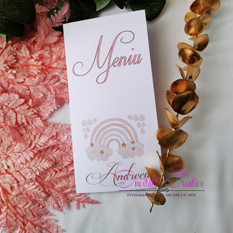 Invitatie Botez Digitala Curcubeu Roz Pastel cu Stelute Aurii