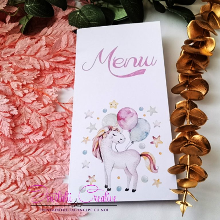 Meniu Botez Watercolor cu Calut Stele si Baloane Colorate