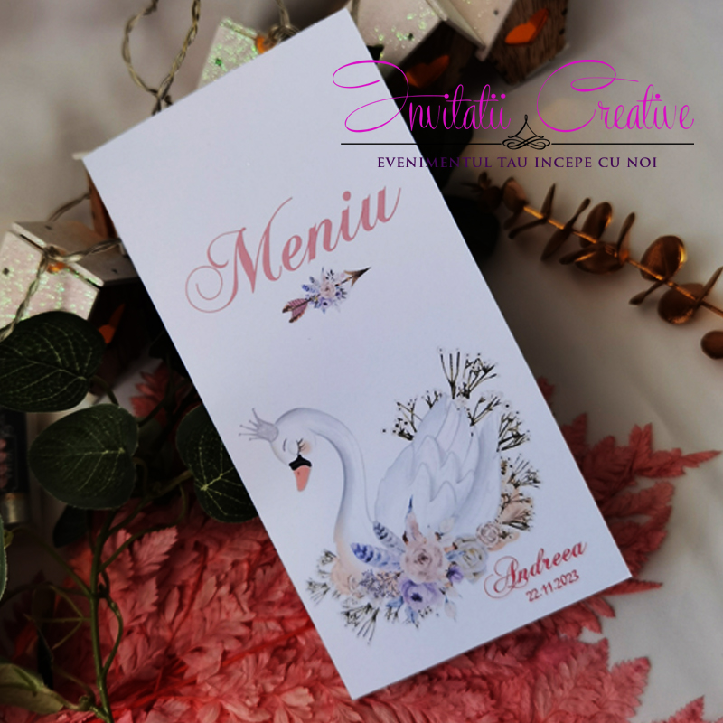 Invitatie Botez Lebada Regala cu Motiv Floral - Invitatii Creative