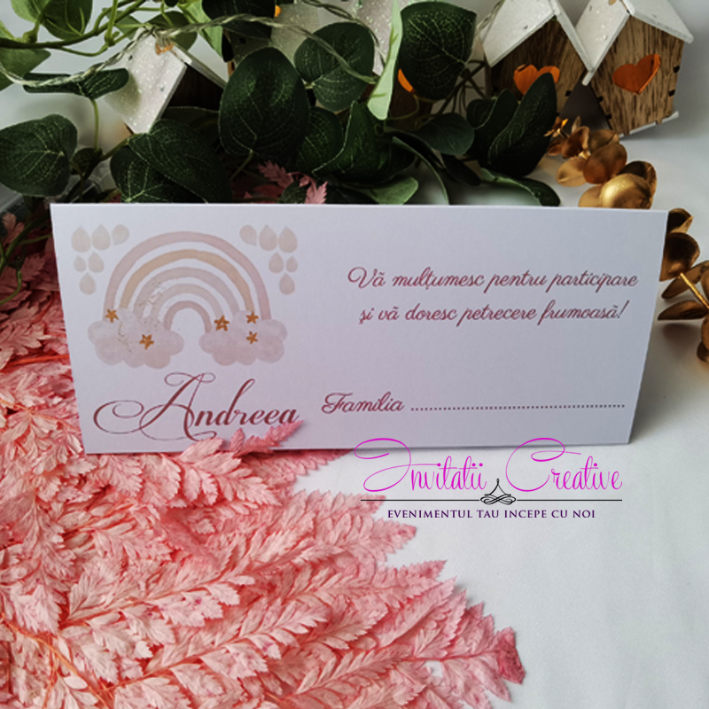 Invitatie Botez Digitala Curcubeu Roz Pastel cu Stelute Aurii