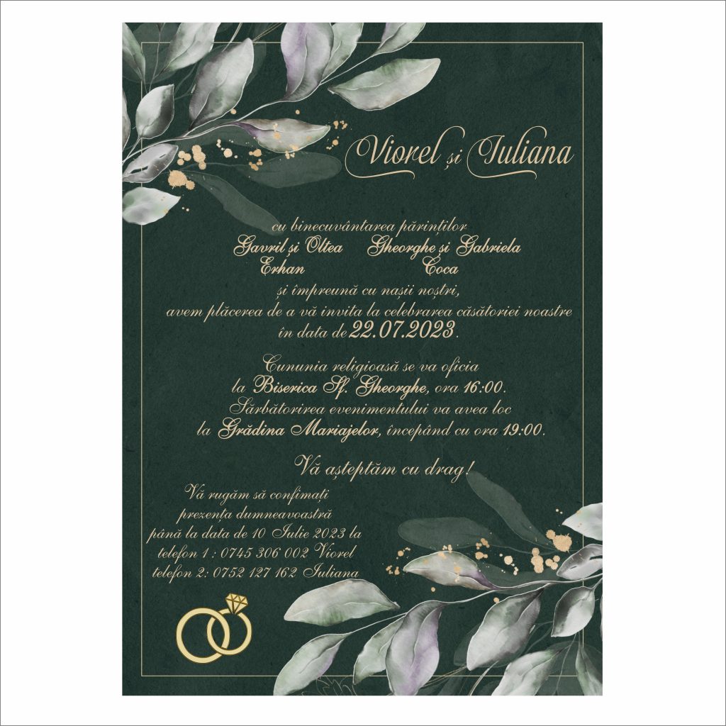 Invitatie Electronica Nunta Verde cu Frunze Watercolor