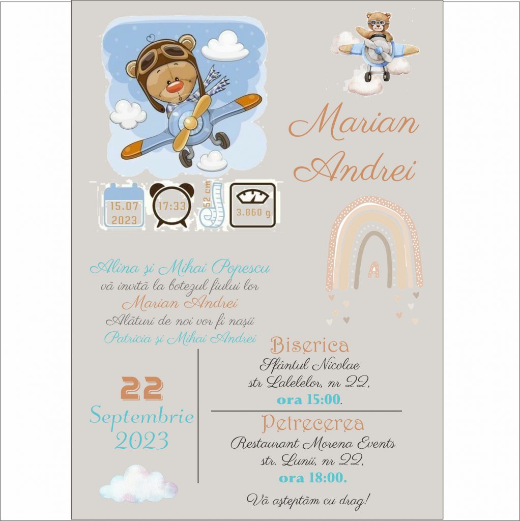 Invitatie Botez Electronica Watercolor Tematica Calatorie cu Trenul