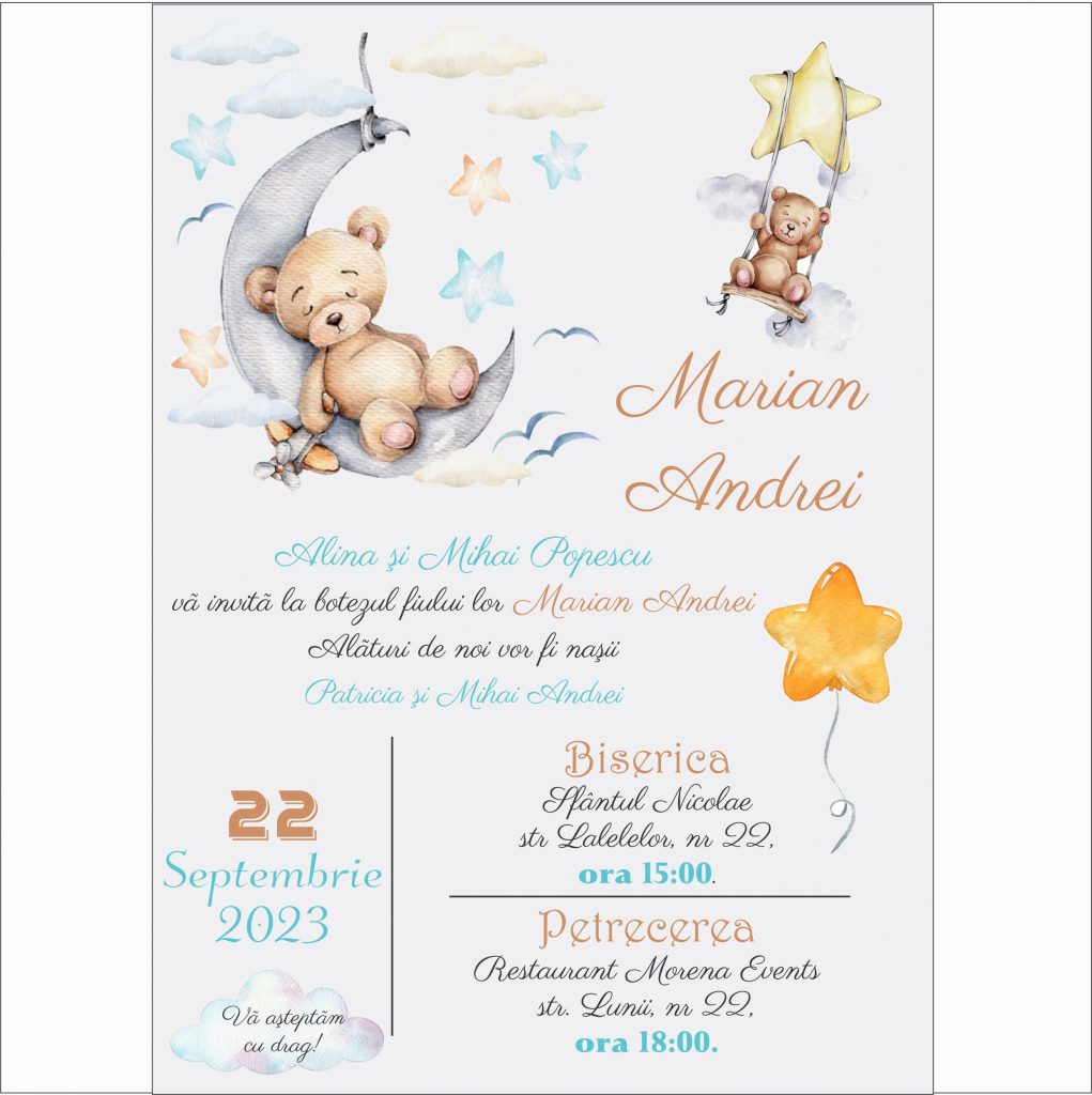 Invitatie Botez Electronica cu Ursulet Dormind pe Luna intre Stele