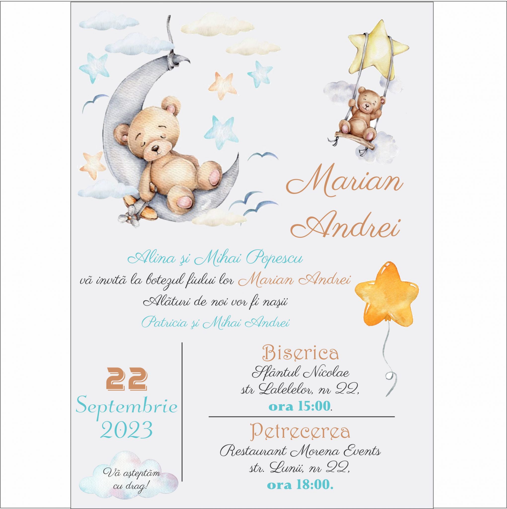 Invitatie de botez digitala cu ursulet pe nori roz - Invitatii Creative