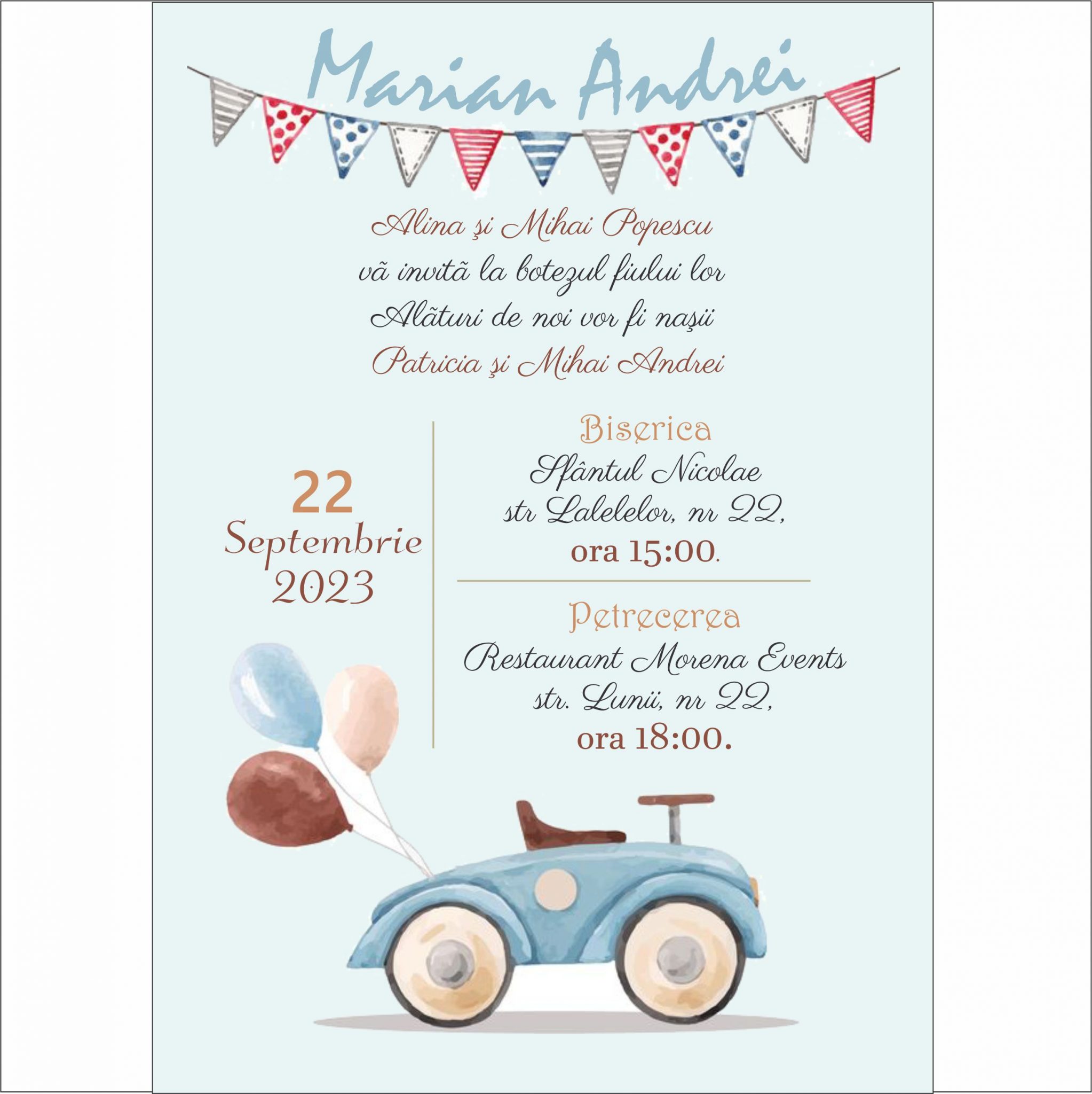 Invitatie Botez Online Masinuta Vintage Albastra - Invitatii Creative