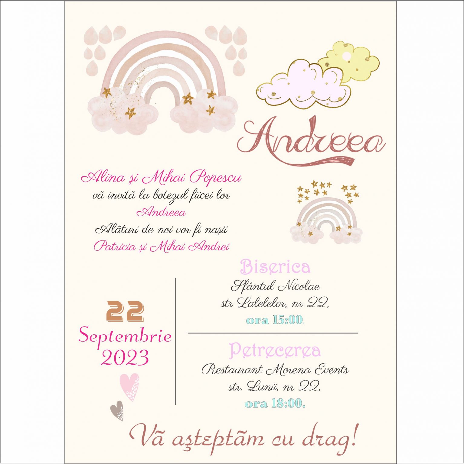 Invitatie Botez Digitala Curcubeu Roz Pastel cu Stelute Aurii