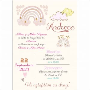 Invitatie Botez Digitala Curcubeu Roz Pastel cu Stelute Aurii