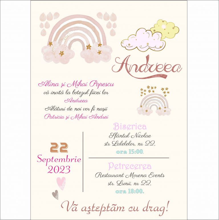 Invitatie Botez Digitala Curcubeu Roz Pastel cu Stelute Aurii