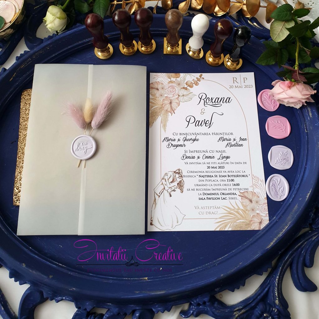 Invitatie de Nunta cu Flori Pastel si Miri si Sigiliu - Invitatii Creative