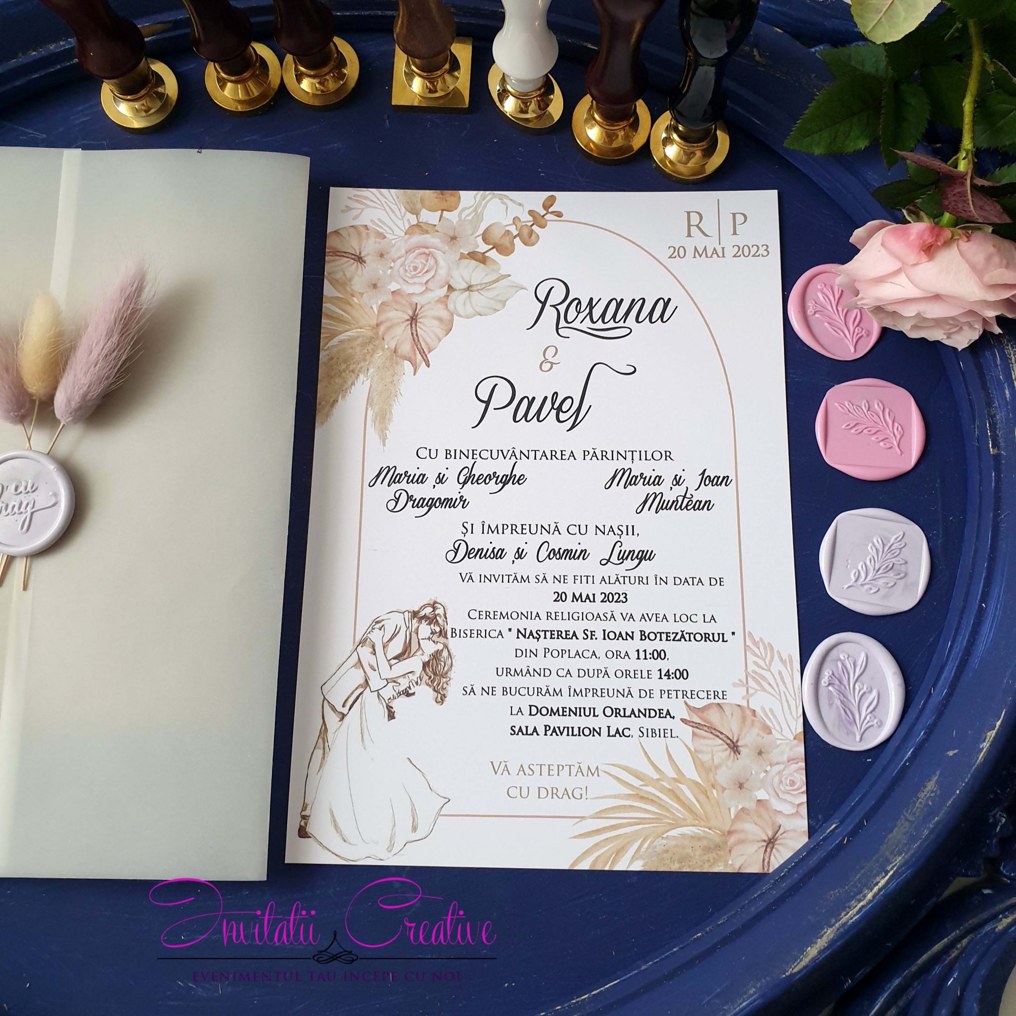 Invitatie de Nunta cu Flori Pastel si Miri si Sigiliu - Invitatii Creative