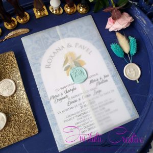 Invitatie de Nunta Eleganta Greceasca cu Lamai si Fundal Albastru