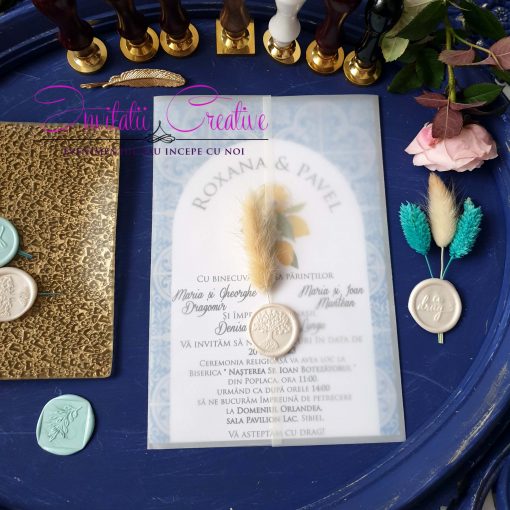 Invitatie de Nunta Eleganta Greceasca cu Lamai si Fundal Albastru