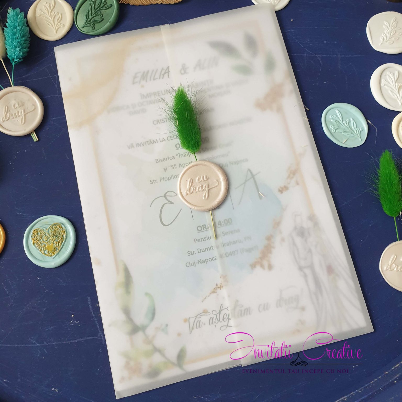 Invitatie de Nunta Acuarela cu Miri si Sigiliu - Invitatii Creative