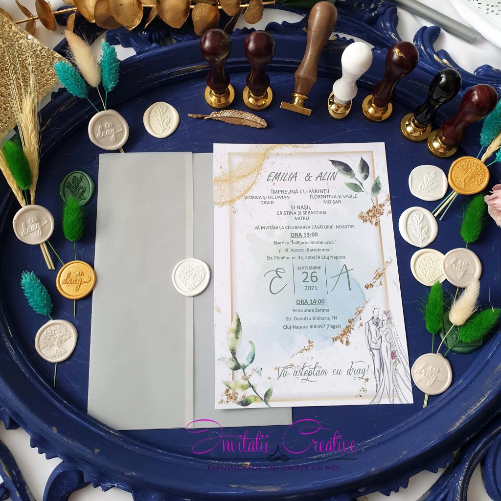 Invitatie de Nunta Acuarela cu Miri si Sigiliu - Invitatii Creative