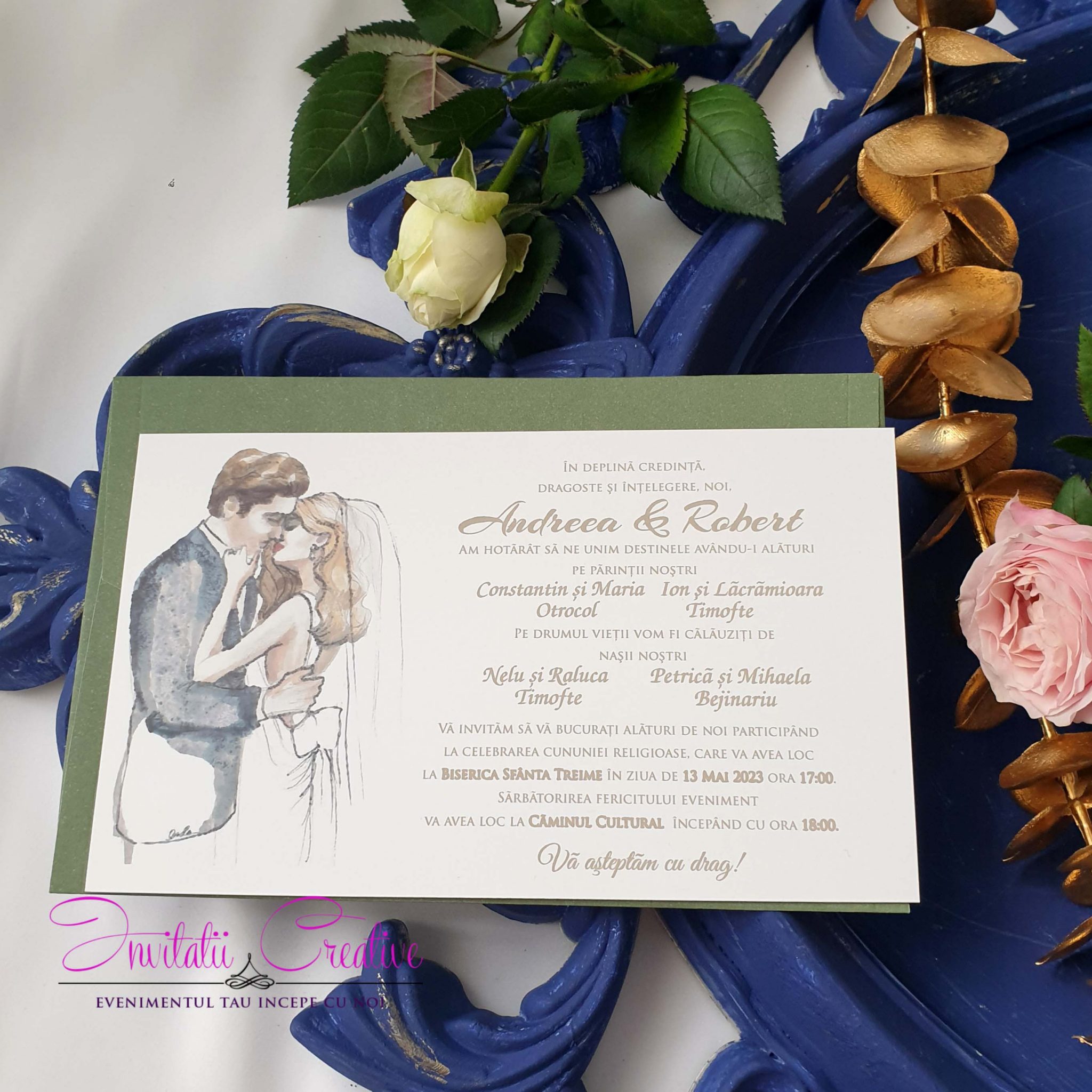 Invitatie de Nunta cu Miri Eleganti Acuarela - Invitatii Creative