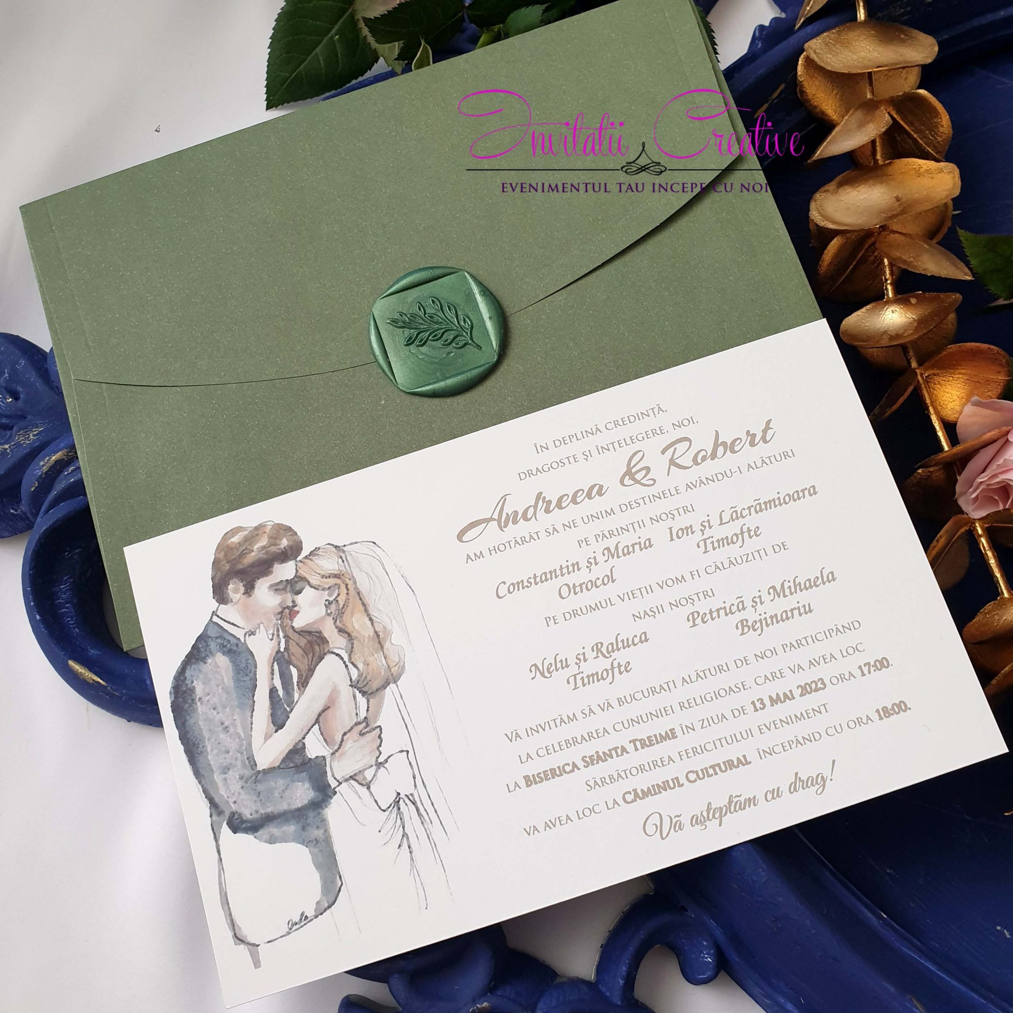 Invitatie de Nunta cu Miri Eleganti Acuarela - Invitatii Creative
