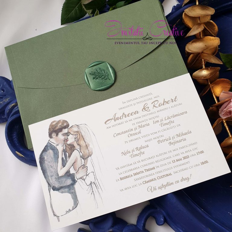 Invitatie de Nunta cu Miri Eleganti Acuarela - Invitatii Creative