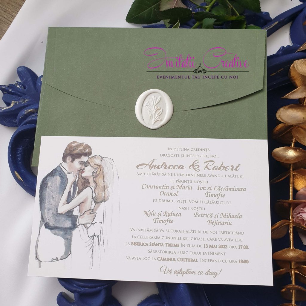 Invitatie de Nunta cu Miri Eleganti Acuarela - Invitatii Creative