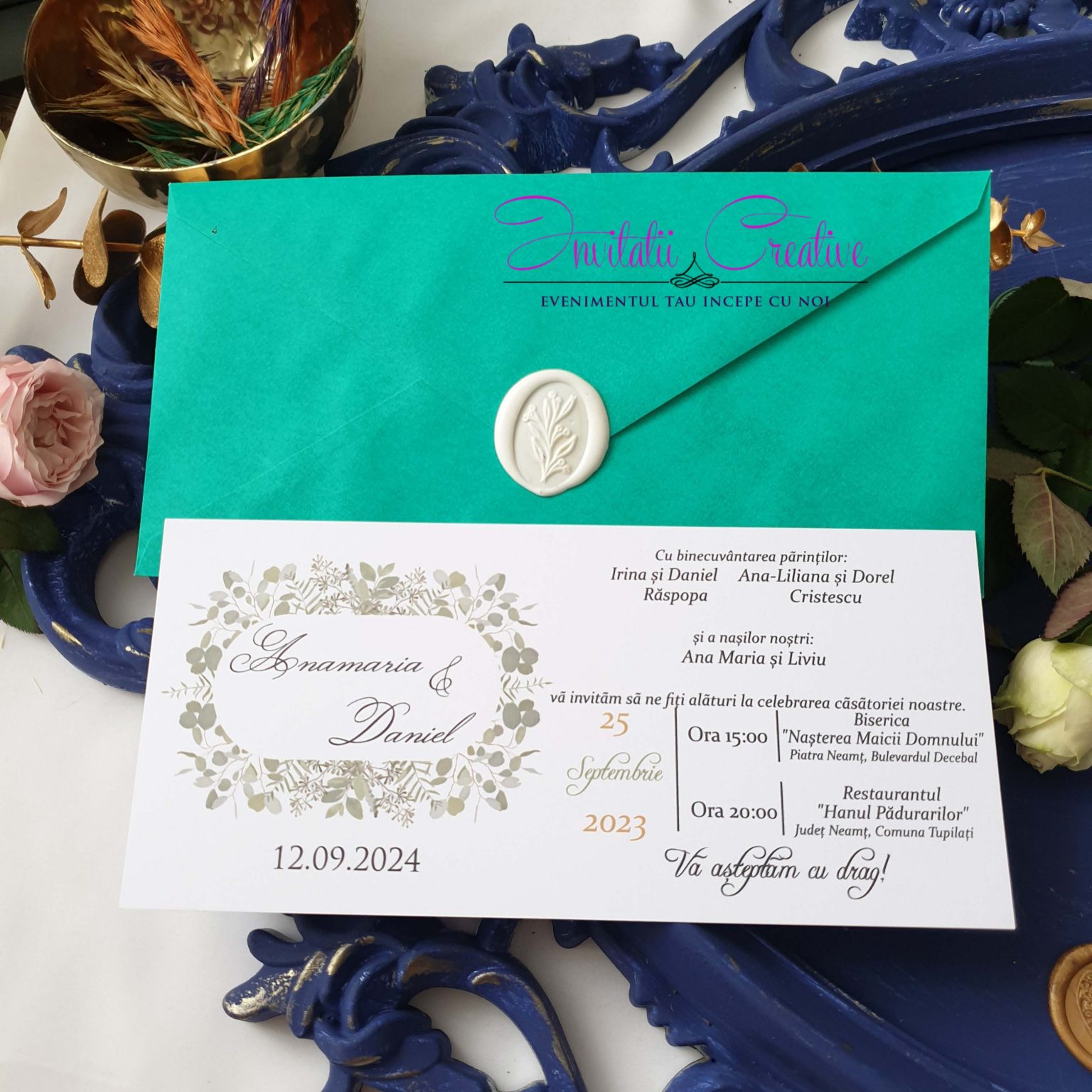 Invitatie de nunta Simpla si Eleganta Coronita Frunze si Flori Verzi