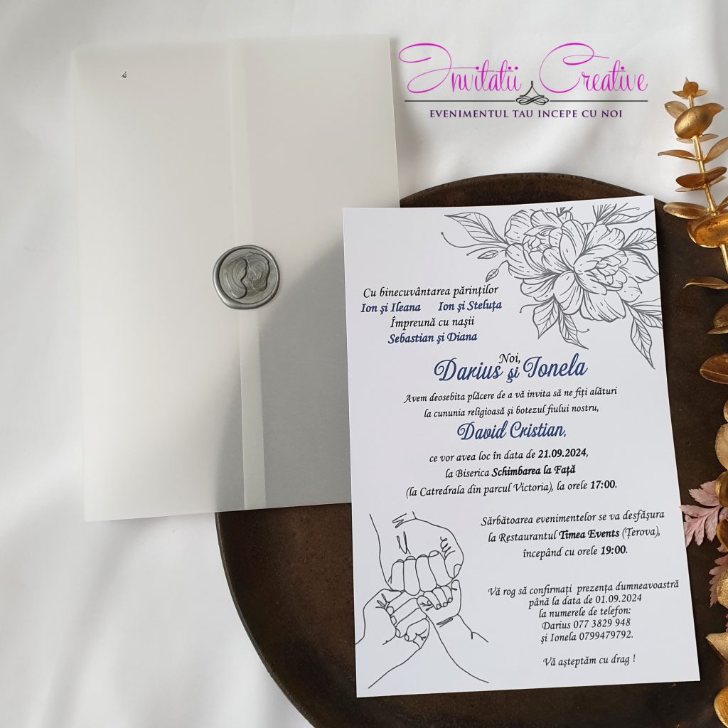Invitatie Nuntez Sigiliu Motiv Grafic Floral Parinti si Bebe