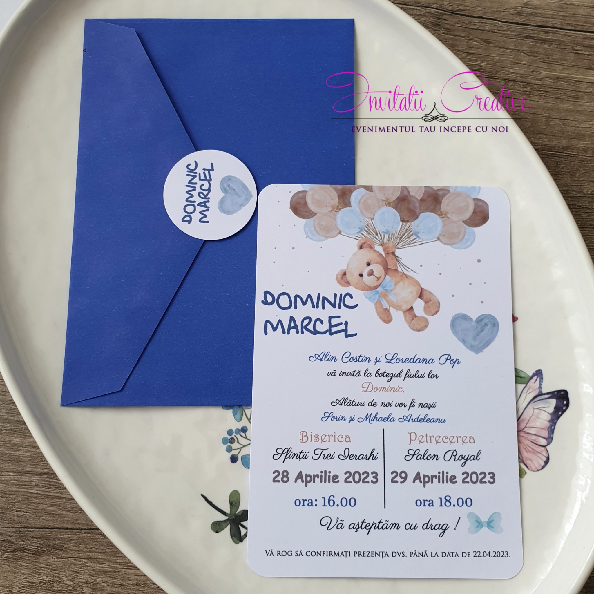 Invitatie de Botez Haioasa Ursulet cu Baloane - Invitatii Creative