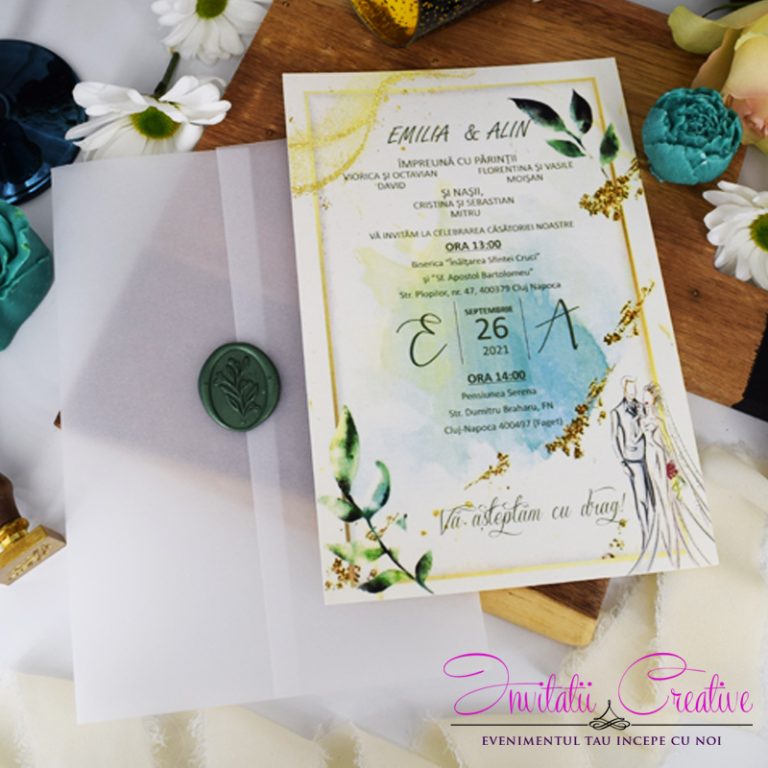 Invitatie de Nunta Acuarela cu Miri si Sigiliu - Invitatii Creative
