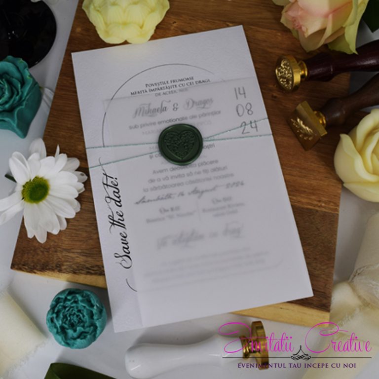 Invitatie de Nunta Eleganta Calc cu Inchidere Fir si Sigiliu Verde