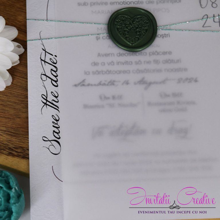 Invitatie de Nunta Eleganta Calc cu Inchidere Fir si Sigiliu Verde