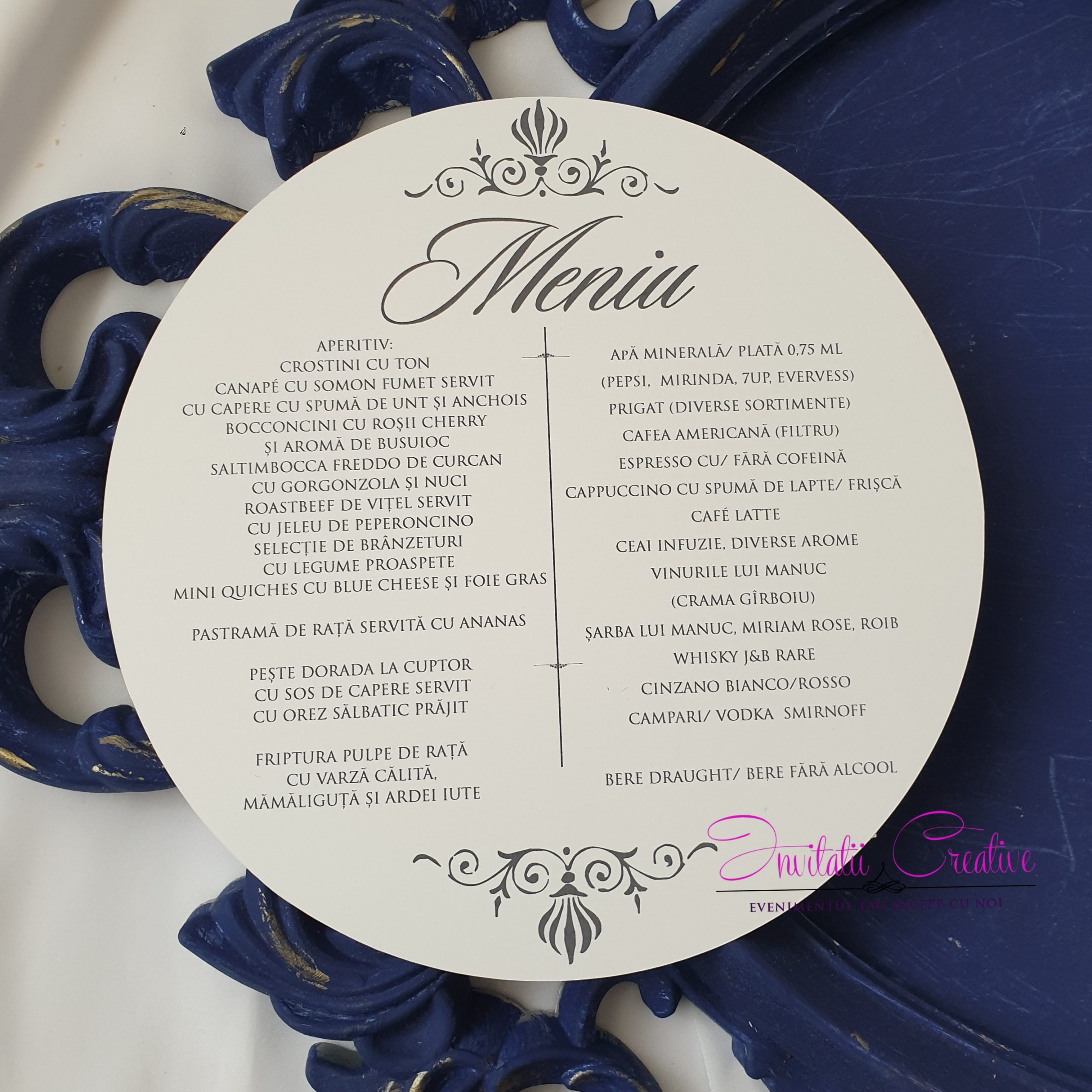 Meniu Nunta Rotund Design Vintage - Invitatii Creative