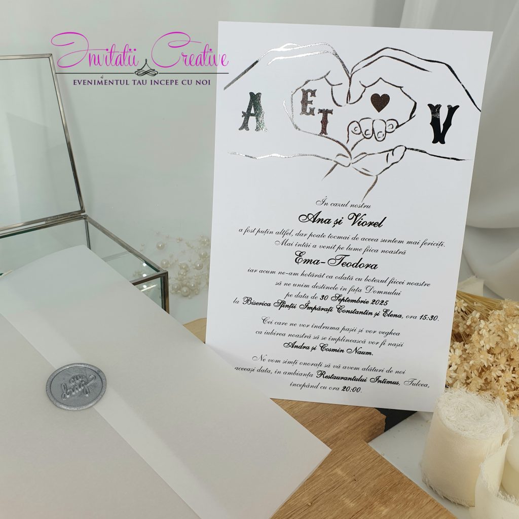 Invitatie Nunta si Botez Sigiliu si Folie Metalizata Maini Inima