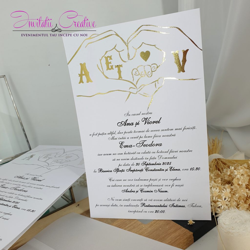 Invitatie Nunta si Botez Sigiliu si Folie Metalizata Maini Inima