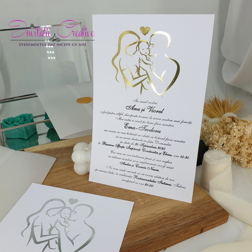 Invitatie 2 in 1 Sigiliu si Folie Metalizata Parinti si Bebe cu Inima
