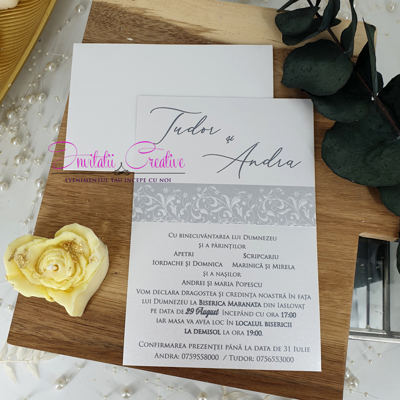 Invitatii de nunta cu model argintiu elegant - Invitatii Creative